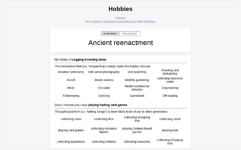Hobbies ― Perchance Generator