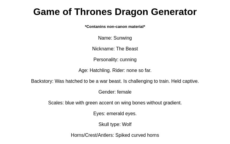 Game of Thrones Dragon Generator