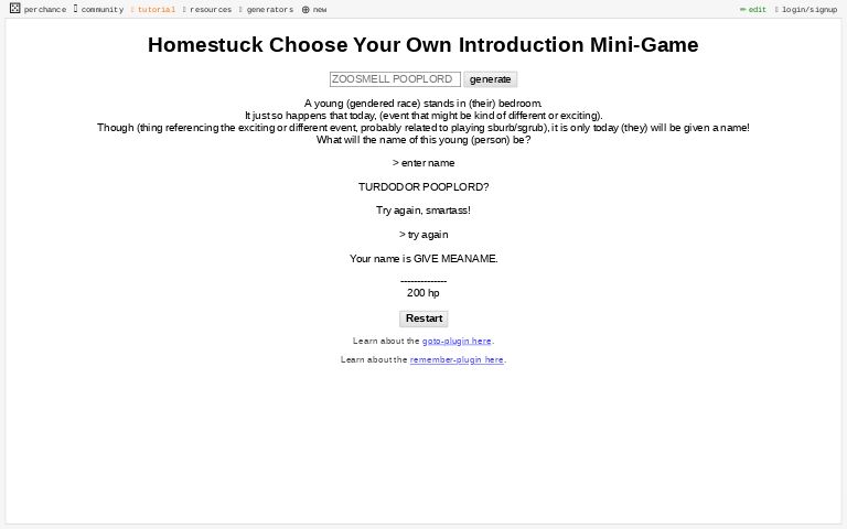 Homestuck Choose Your Own Introduction Mini-Game ― Perchance Generator