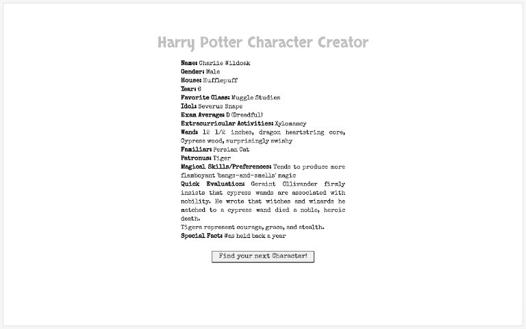 Harry Potter Character Creator ― Perchance Generator