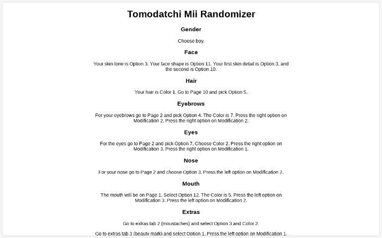 Tomodatchi Mii Randomizer ― Perchance Generator