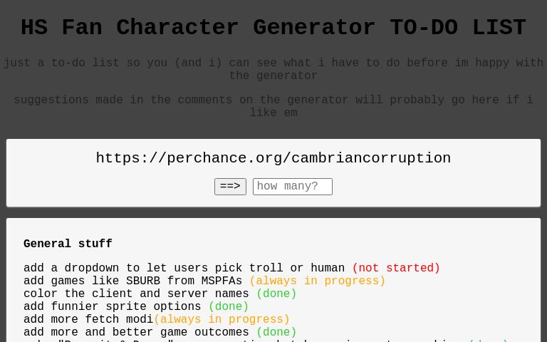 HS Fan Character Generator TO-DO LIST