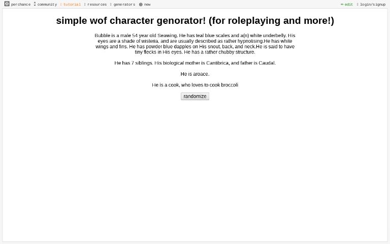 simple wof character genorator! (for roleplaying and more!) ― Perchance Generator