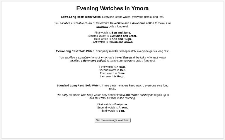 Evening Watches in Ymora ― Perchance Generator