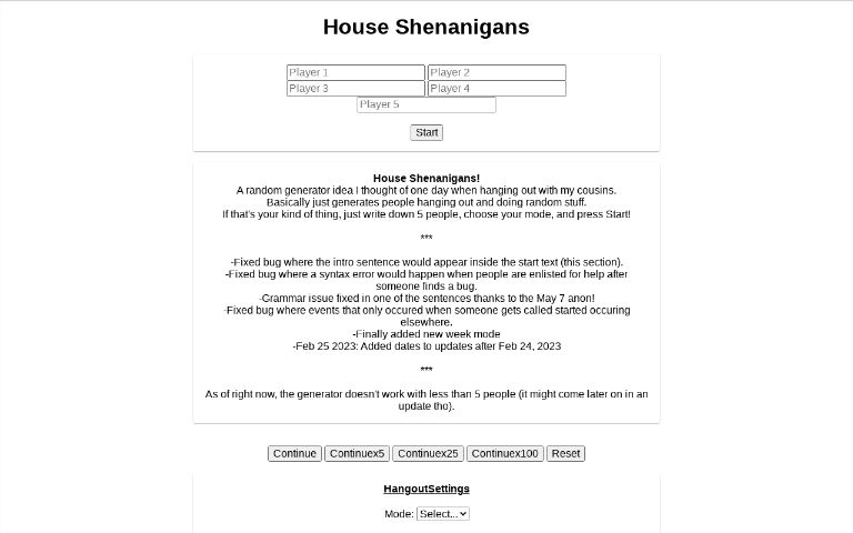 House Shenanigans ― Perchance Generator