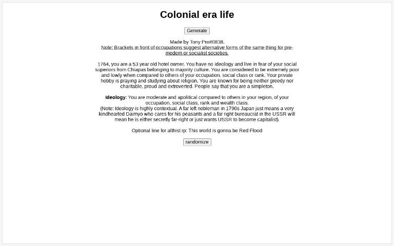 Colonial era life ― Perchance Generator