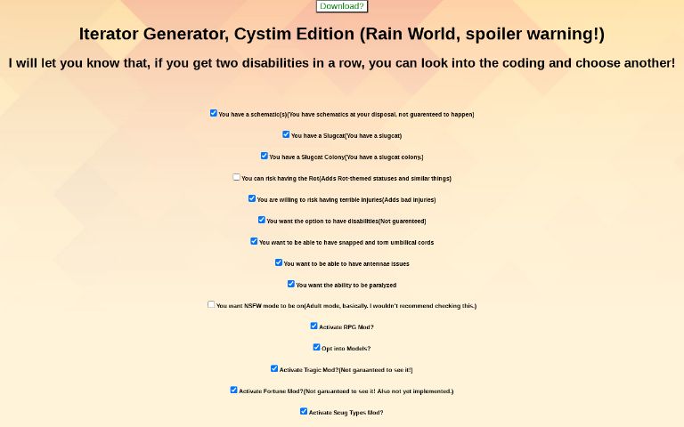 Iterator Generator, Cystim Edition (Rain World, spoiler warning!)