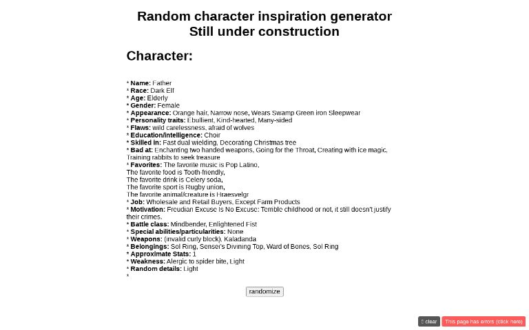 Random character inspiration generator Still under construction