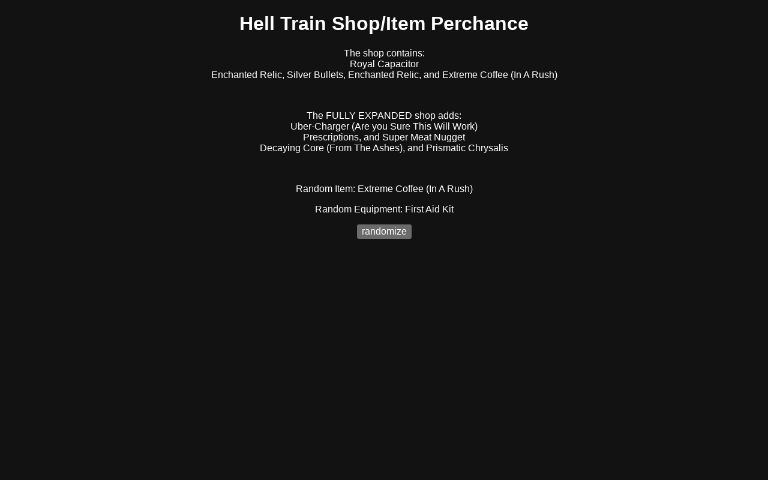 Hell Train Shop/Item Perchance ― Perchance Generator