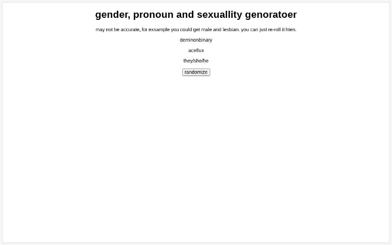 gender, pronoun and sexuallity genoratoer ― Perchance Generator