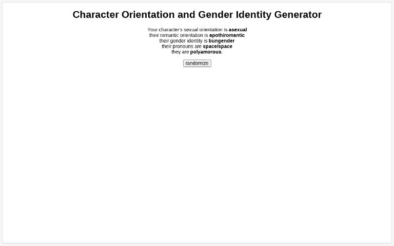 Character Orientation and Gender Identity Generator