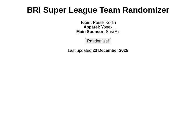 BRI Super League Team Randomizer ― Perchance Generator