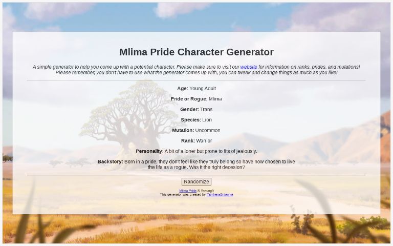 Mlima Pride Character Generator