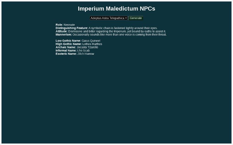 Imperium Maledictum NPCs ― Perchance Generator