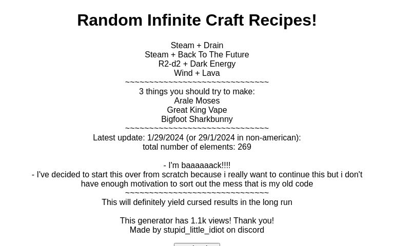 Random Infinite Craft Recipes! ― Perchance Generator