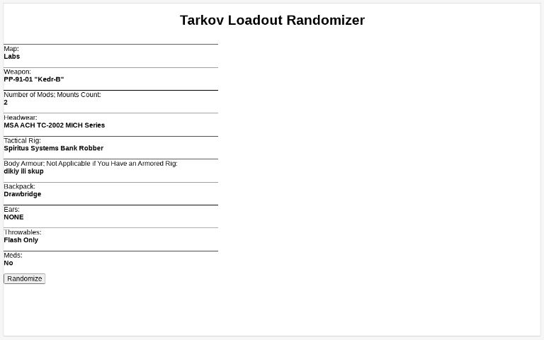 Tarkov Loadout Randomizer ― Perchance Generator