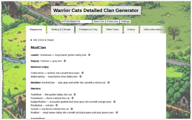 Warrior Cats Detailed Clan Generator