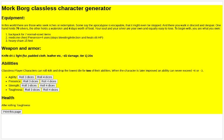 Mork Borg classless character generator