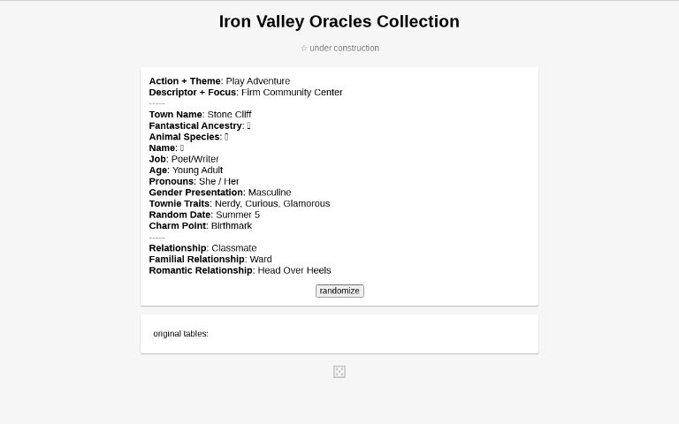 Iron Valley Oracles Collection ― Perchance Generator