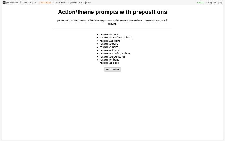 Action/theme prompts with prepositions ― Perchance Generator