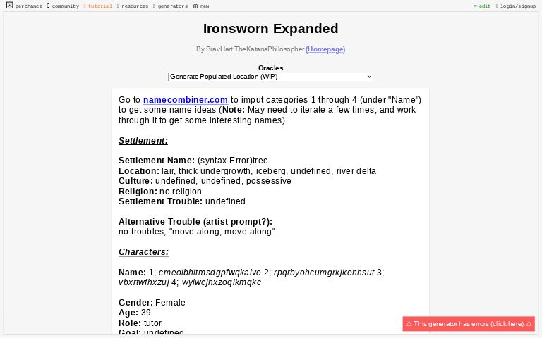 Ironsworn Expanded ― Perchance Generator