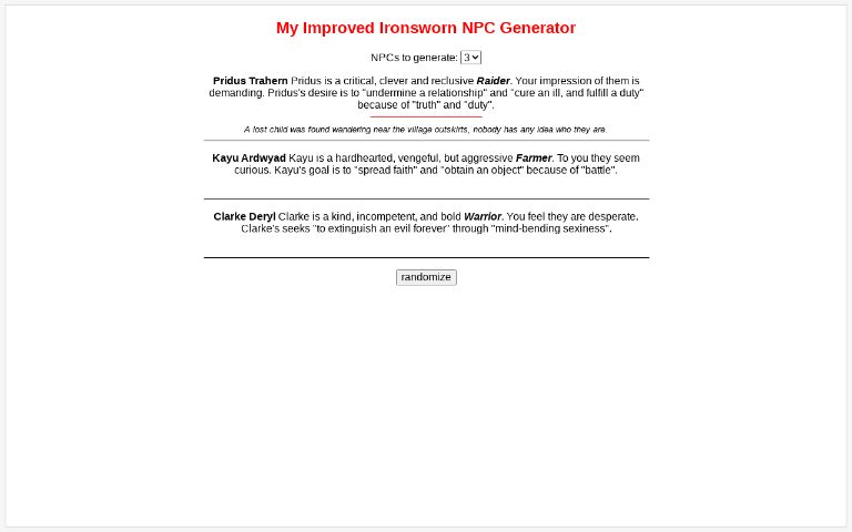 My Improved Ironsworn NPC Generator