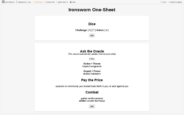 Ironsworn One-Sheet ― Perchance Generator