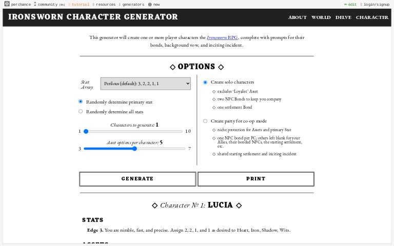 Ironsworn Character Generator 1.11, by rsek