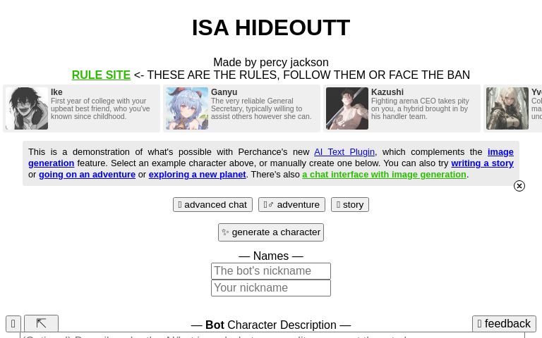 ISA HIDEOUT (online, free, no sign-up, unlimited) ― Perchance Generator