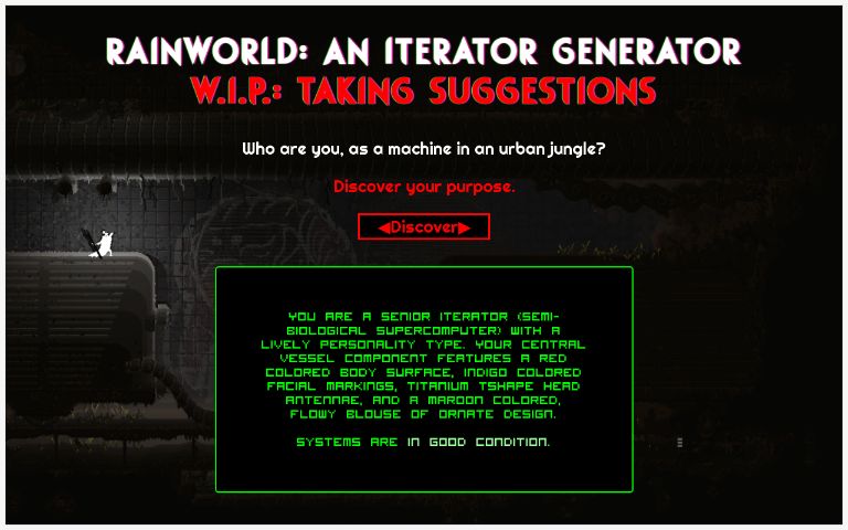 Rainworld: An Iterator Generator W.I.P.: Taking suggestions