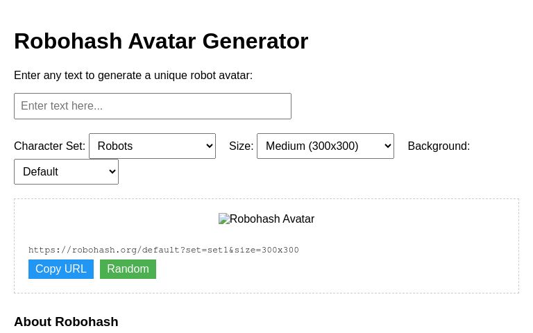 Robohash Avatar Generator (free, no sign-up, unlimited)
