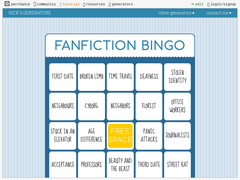 Fanfiction Bingo ― Perchance Generator