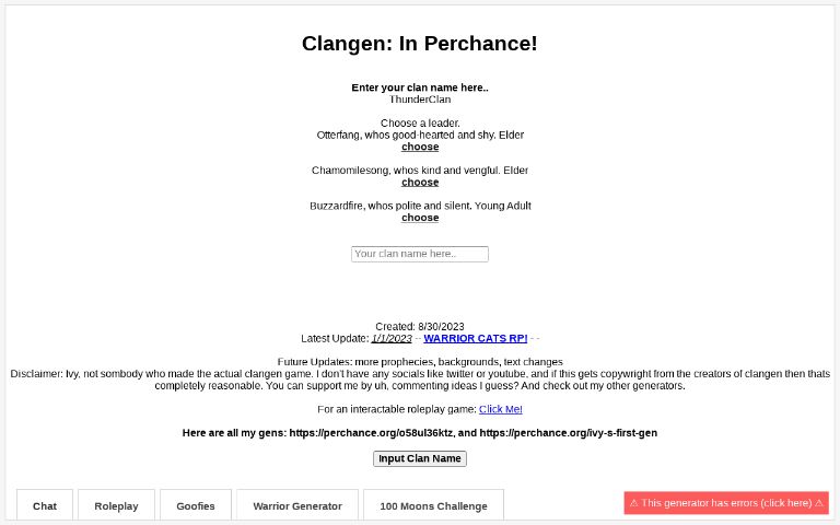 Clangen: In Perchance! ― Perchance Generator