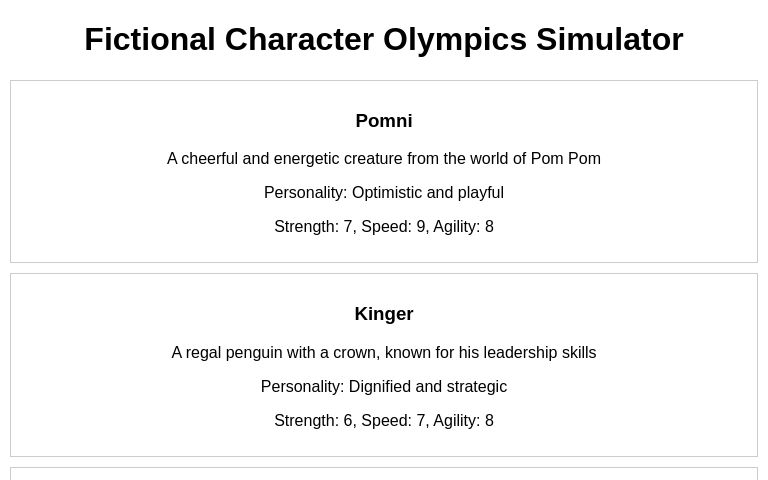 Fictional Character Olympics Simulator ― Perchance Generator
