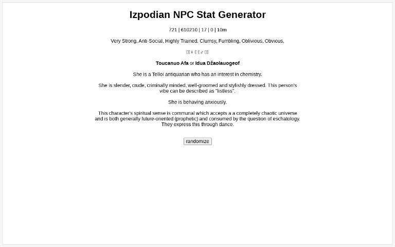 Izpodian NPC Stat Generator
