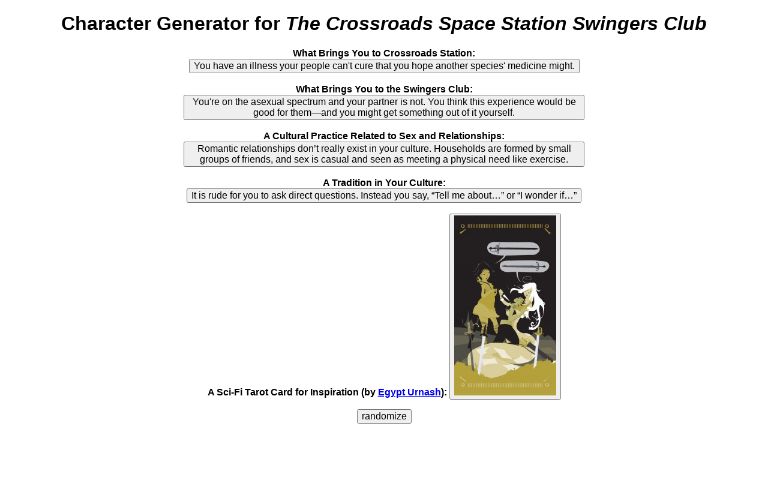 Character Generator for The Crossroads Space Station Swingers Club
