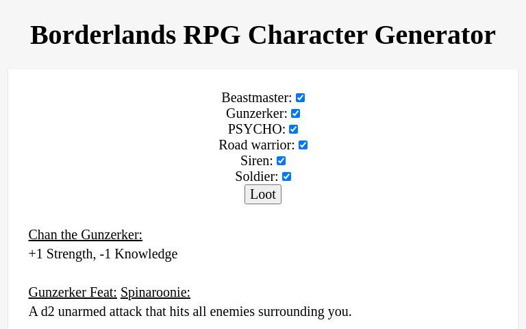 Borderlands RPG Character Generator