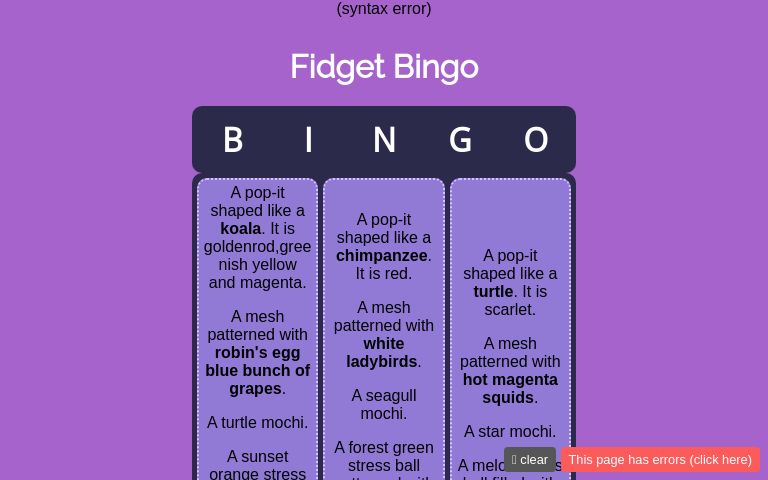 Fidget Bingo ― Perchance Generator