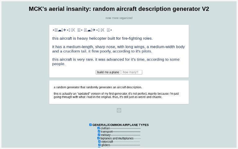 MCK's aerial insanity: random aircraft description generator V2