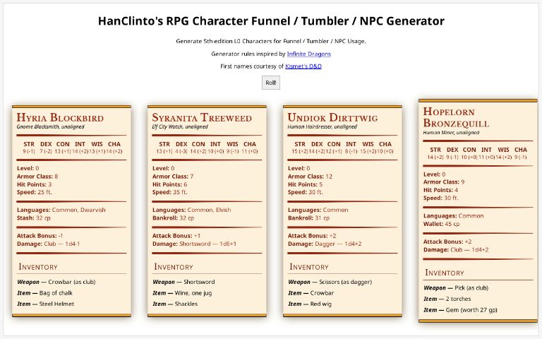 HanClinto's RPG Character Funnel / Tumbler / NPC Generator