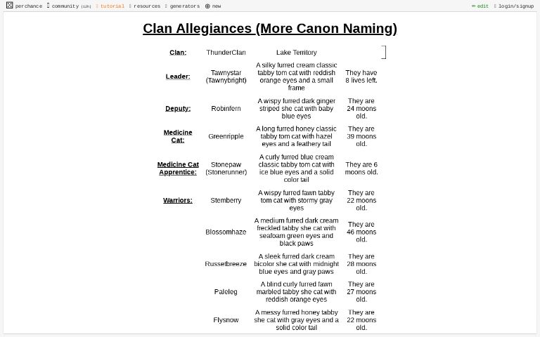 Clan Allegiances (More Canon Naming) ― Perchance Generator