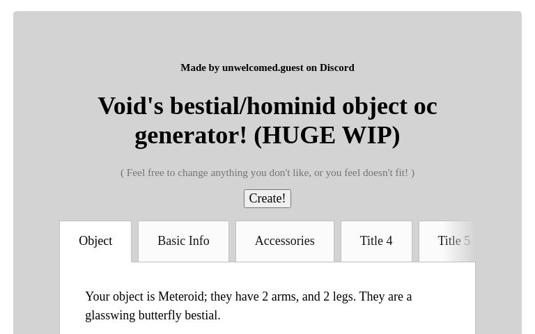 Void's bestial/hominid object oc generator! (HUGE WIP)