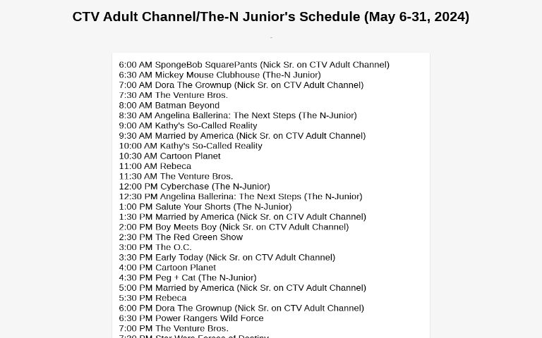 CTV Adult Channel/The-N Junior's Schedule (May 6-31, 2024) ― Perchance ...