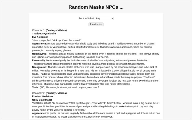 Random Masks NPCs ... ― Perchance Generator