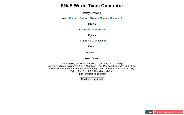FNaF World Team Generator