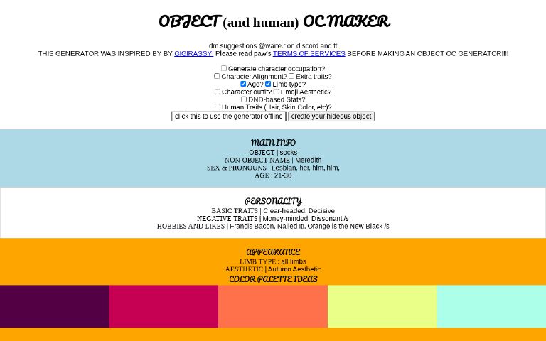 OBJECT (and human) OC MAKER ― Perchance Generator