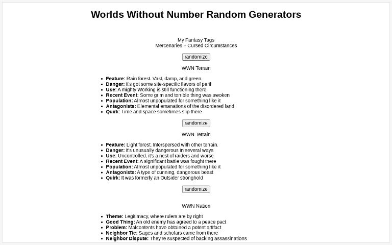 Worlds Without Number Random Generators