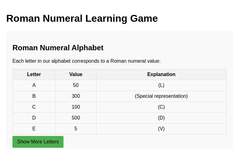 Roman Numeral Learning Game ― Perchance Generator