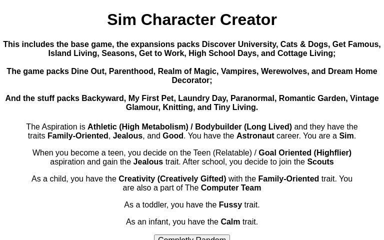 Sim Character Creator ― Perchance Generator