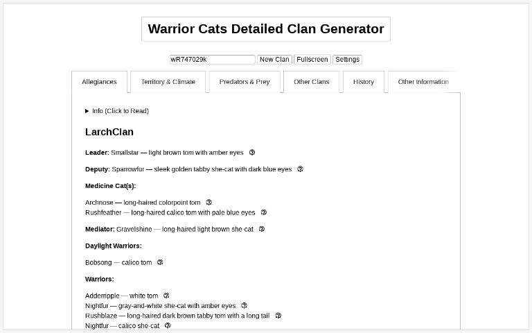 Warrior Cats Detailed Clan Generator